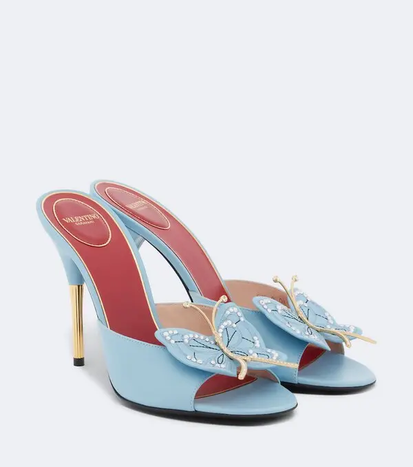 Valentino Garavani Flutterby Embellished Leather Mules