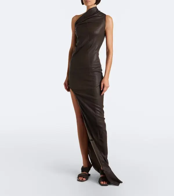 Rick Owens Athena Asymmetric Draped Leather Gown