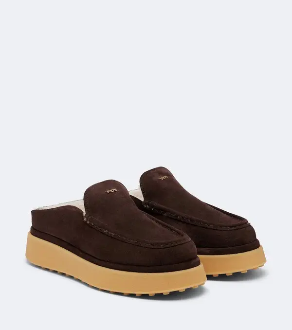 TOD'S Shearling-lined Suede Platform Mules