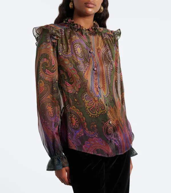 Etro Paisley Ruffled Silk Chiffon Shirt