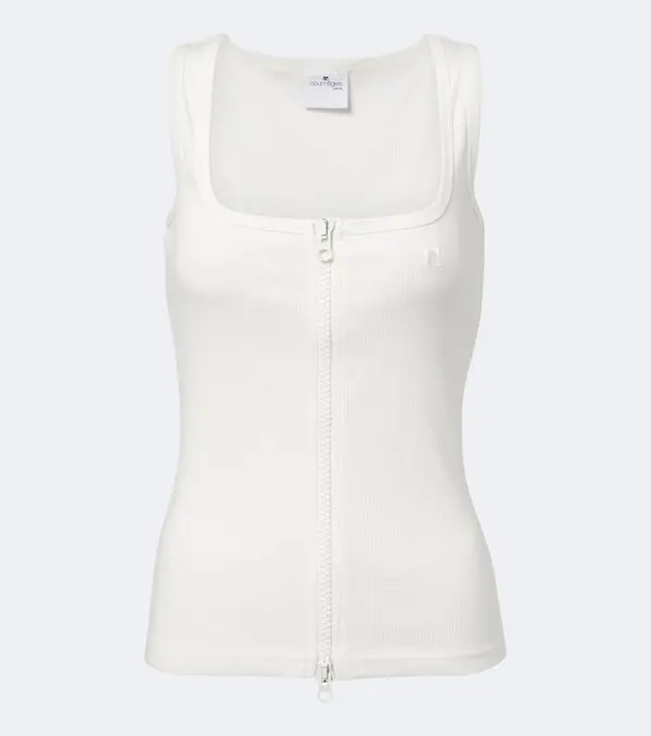 COURREGES Ribbed-knit Cotton Zip-up Tank Top - White