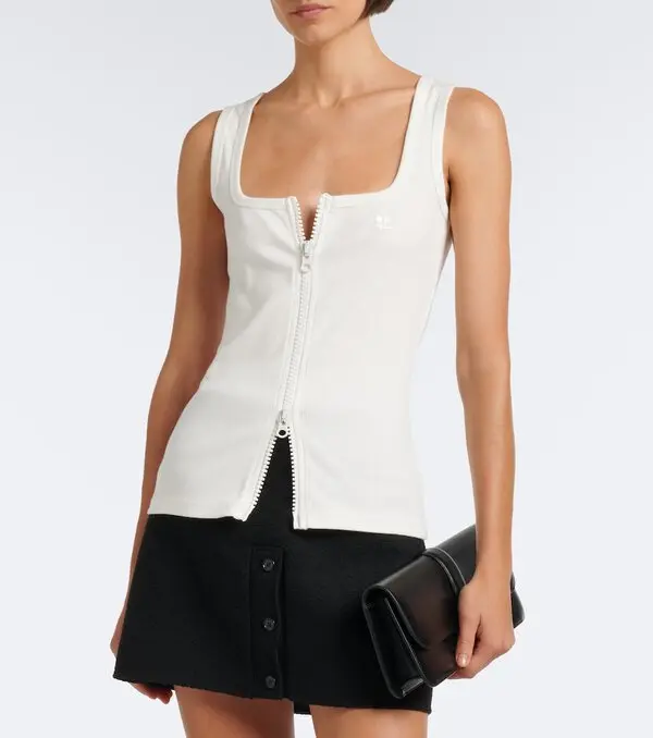 COURREGES Ribbed-knit Cotton Zip-up Tank Top