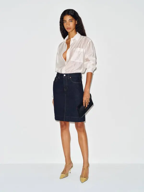REFORMATION James Mid Rise Knee Length Skirt Denim