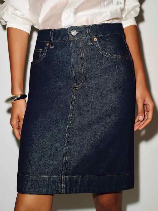 REFORMATION James Mid Rise Knee Length Skirt Denim