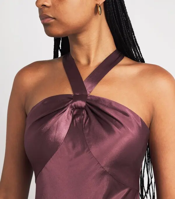 Rixo Satin Losanna Halterneck Maxi Dress - Burgundy