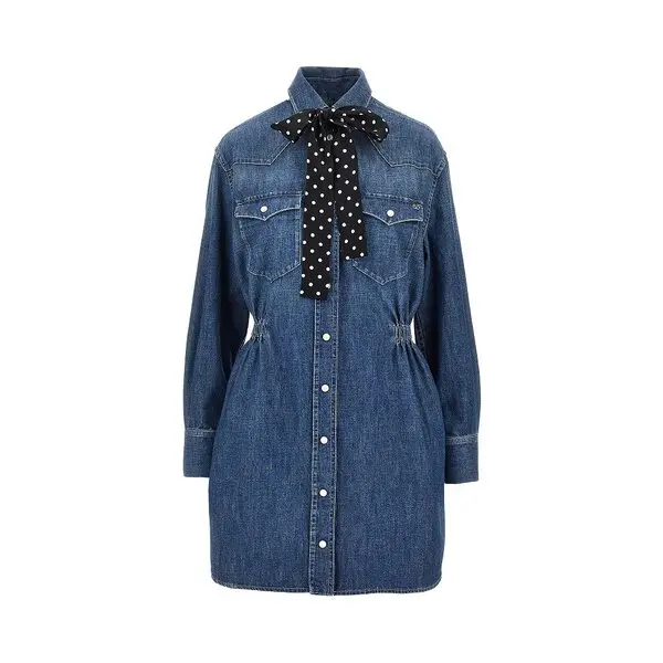 Valentino Garavani Denim Mini Dress With Silk Bow - Blue