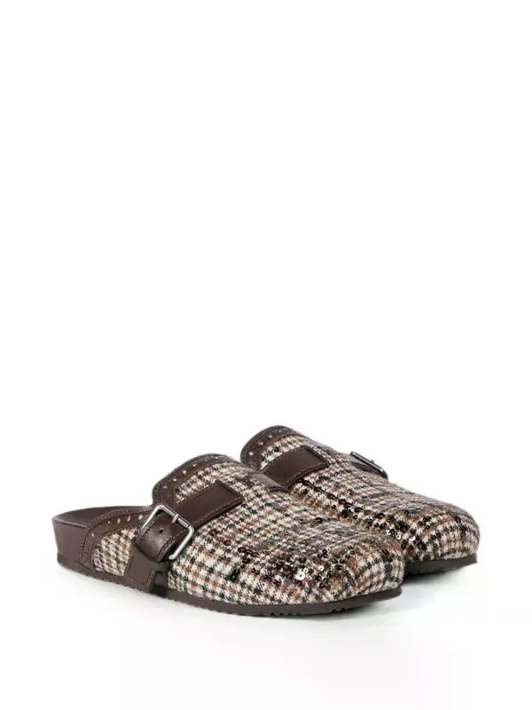 Brunello Cucinelli Water-resistant Alpaca And Wool Checked Slippers With Sequined Embroidery And Buckle Detail
