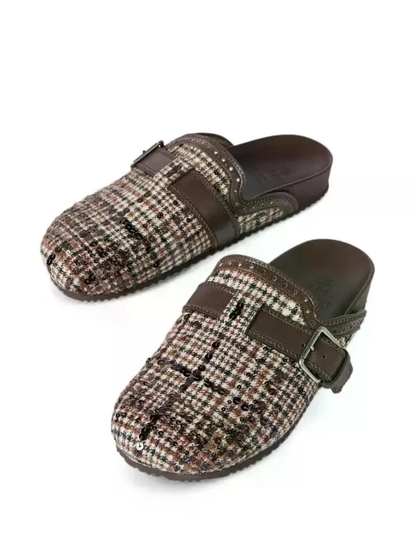 Brunello Cucinelli Water-resistant Alpaca And Wool Checked Slippers With Sequined Embroidery And Buckle Detail