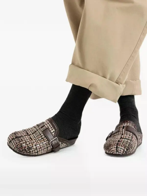 Brunello Cucinelli Water-resistant Alpaca And Wool Checked Slippers With Sequined Embroidery And Buckle Detail