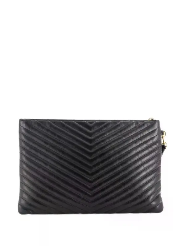 Saint Laurent Classic Monogram Wristlet Pouch Matelasse Chevron Leather Large Clutch Bag - Black