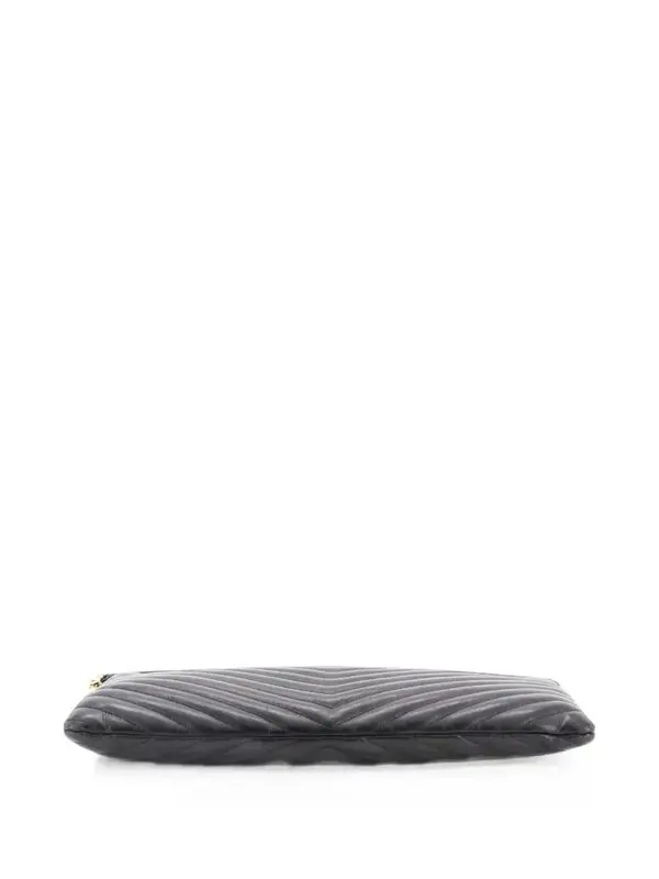 Saint Laurent Classic Monogram Wristlet Pouch Matelasse Chevron Leather Clutch Bag - Black