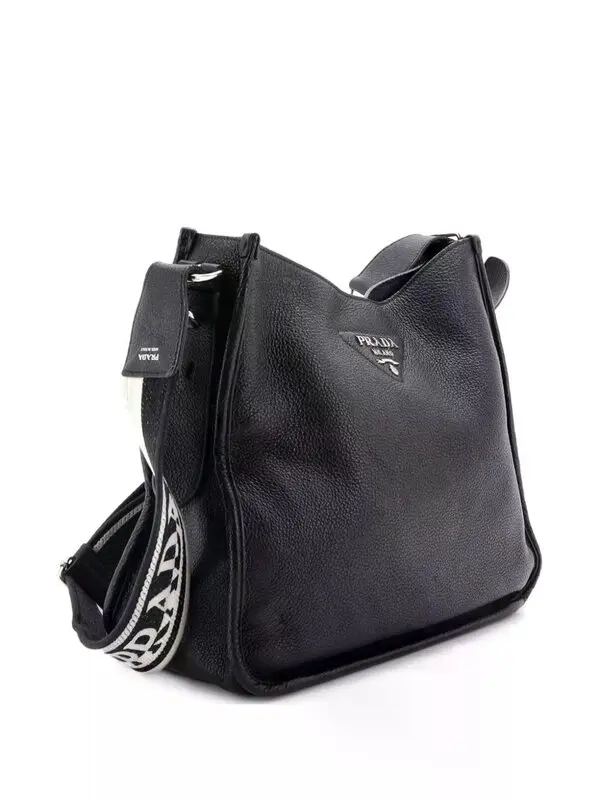 Prada Logo Strap Leather Medium Hobo Bag - Black