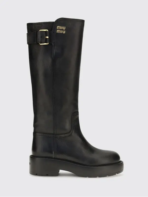 Miu Miu Buffalo Leather Knee-high Boots With Buckle Detail - Black