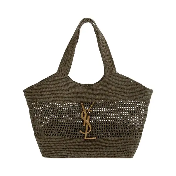 Saint Laurent Icare Raffia Tote Bag With Logo Detail - Green