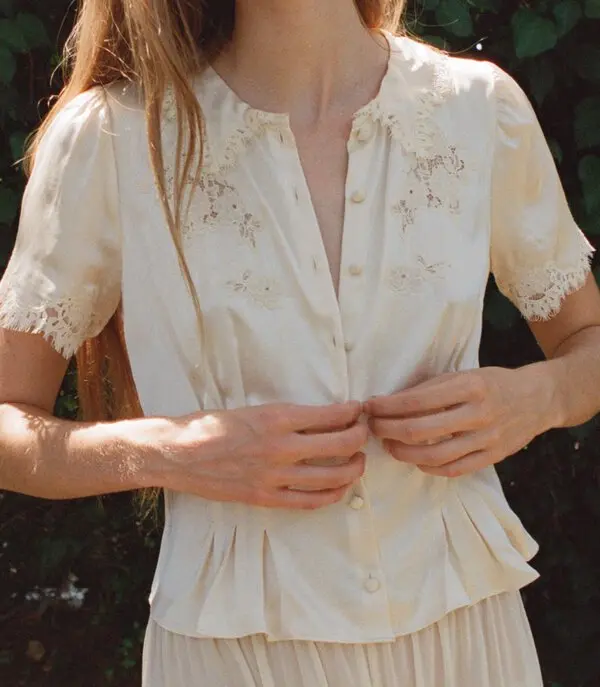 DÔEN Yvette Silk Satin Lace Button-up Blouse - Candlelight