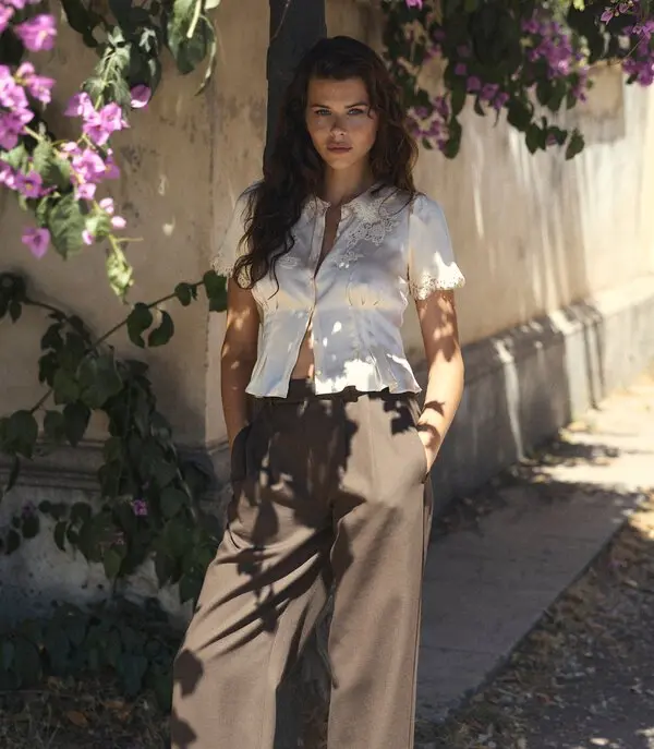 DÔEN Yvette Silk Satin Lace Button-up Blouse - Candlelight