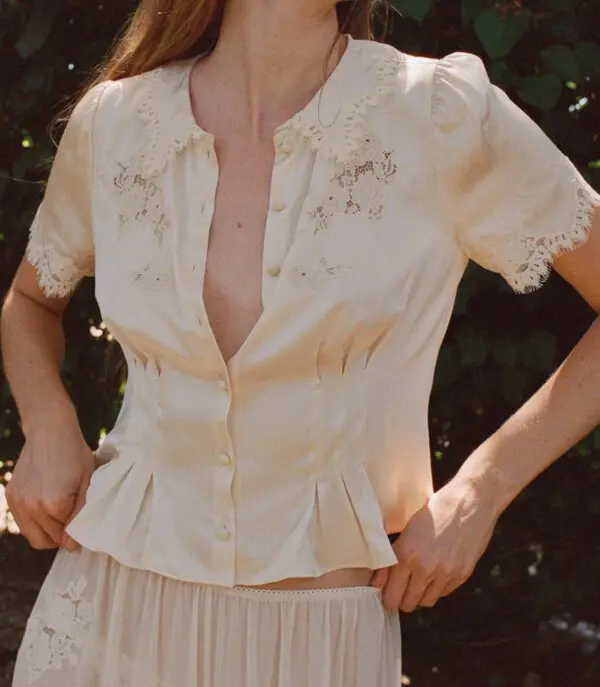 DÔEN Yvette Silk Satin Lace Button-up Blouse - Candlelight