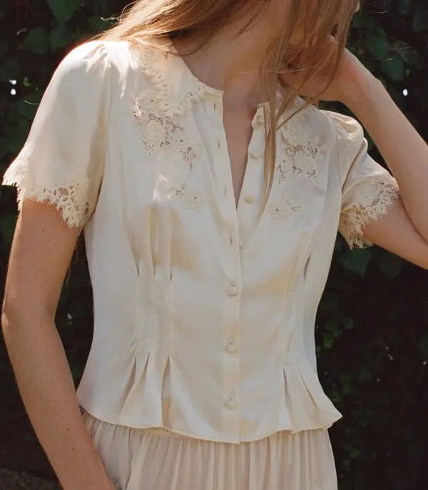 DÔEN Yvette Silk Satin Lace Button-up Blouse - Candlelight