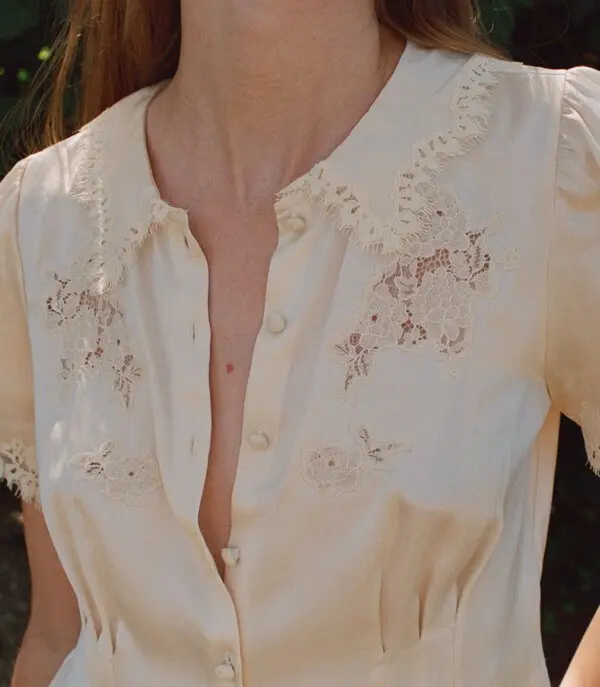 DÔEN Yvette Silk Satin Lace Button-up Blouse - Candlelight