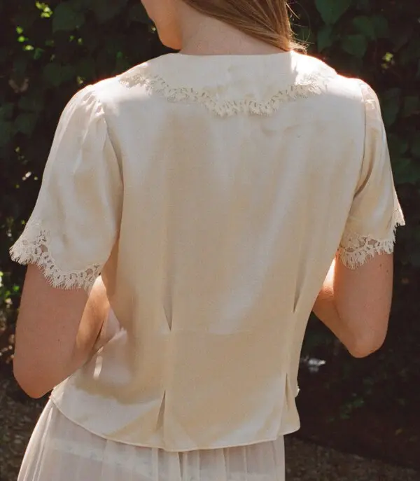 DÔEN Yvette Silk Satin Lace Button-up Blouse - Candlelight