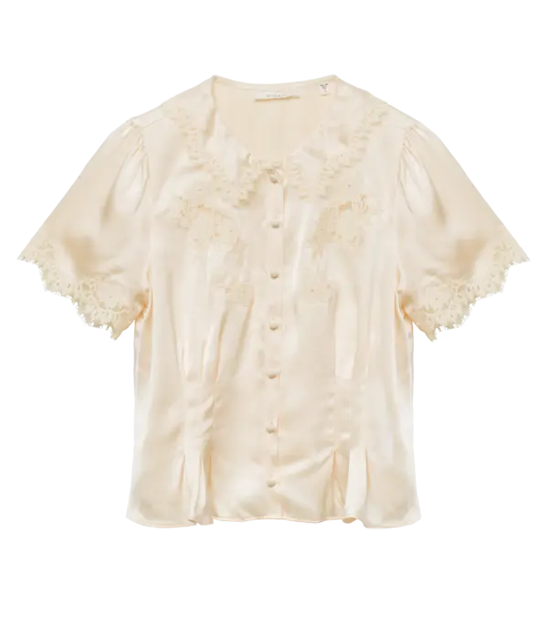 DÔEN Yvette Silk Satin Lace Button-up Blouse - Candlelight