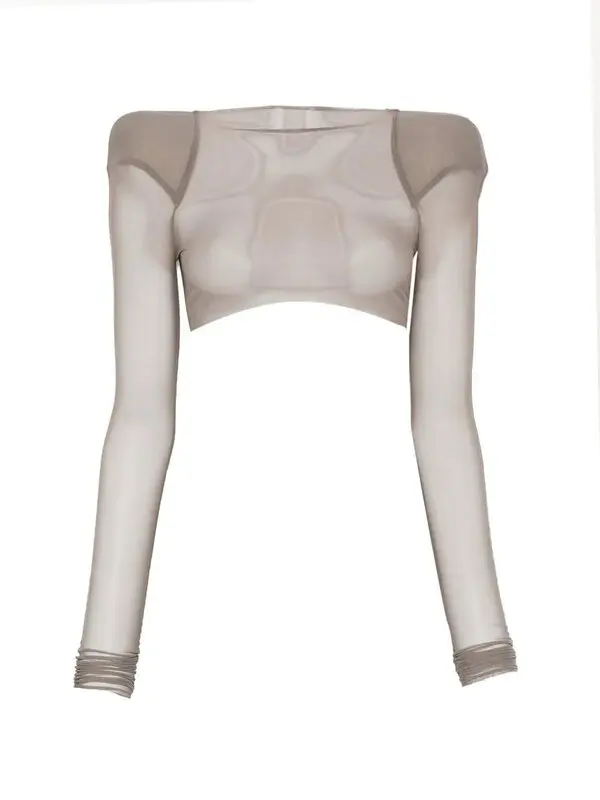 Rick Owens Helm Mini Top Sheer Mesh Cropped Long Sleeve - Dust