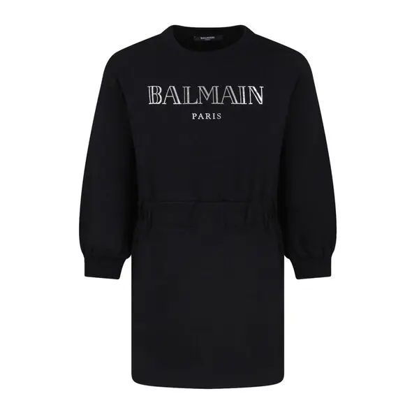 Balmain Long Sleeve Cotton Drawstring Jersey Dress - Black/silver