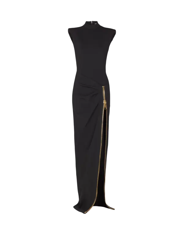 Balmain High Neck Sleeveless Maxi Dress With Gold Zipper Detail - Ivory/gold