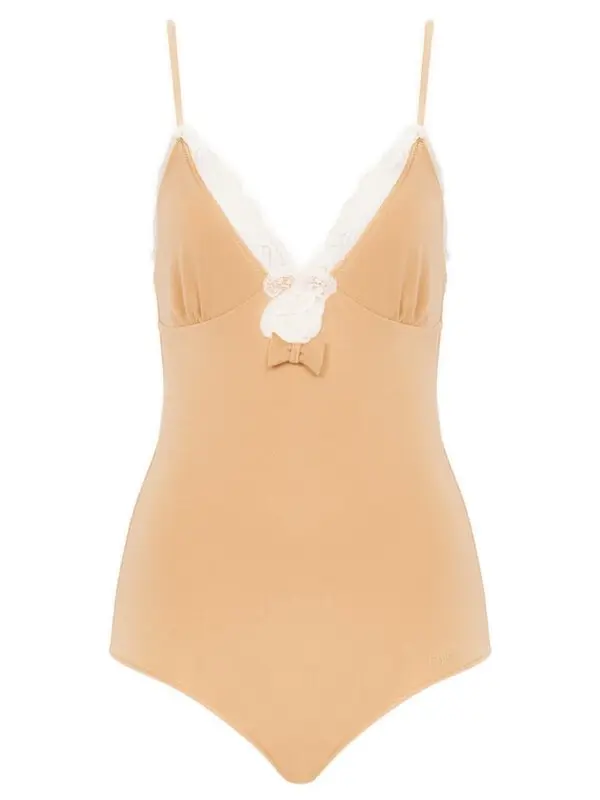 Chloé Ruched V-neck Thin-strap Lace-trim Bodysuit