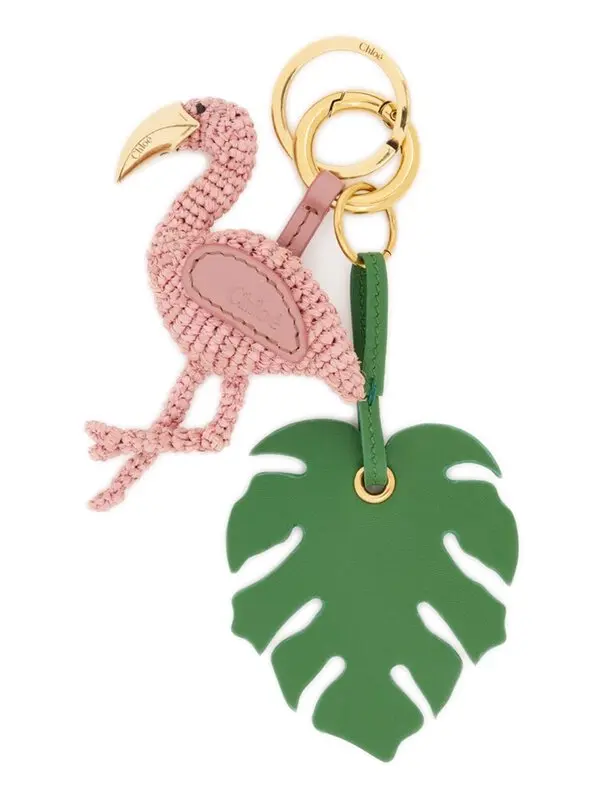 Chloé Mini Flamingo Raffia & Calfskin Handbag Charm Keychain With Engraved Logo - Rosa