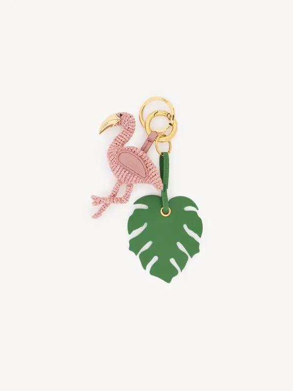 Chloé Mini Flamingo Raffia & Calfskin Handbag Charm Keychain With Engraved Logo - Rosa