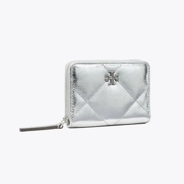 Tory Burch Mini Zip Wallet Stylish Essential For Everyday Use - Silver