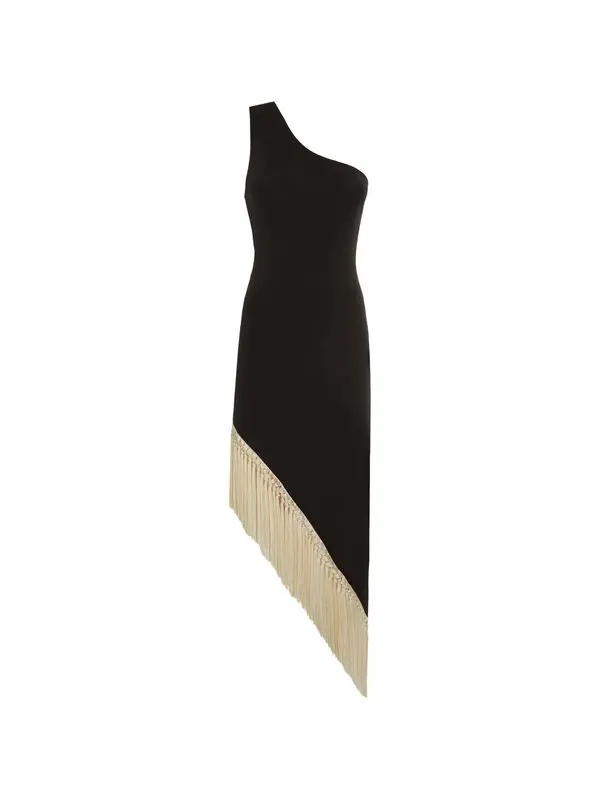 TALLER MARMO One-shoulder Fringe Trim Asymmetric Hem Dress - Nero