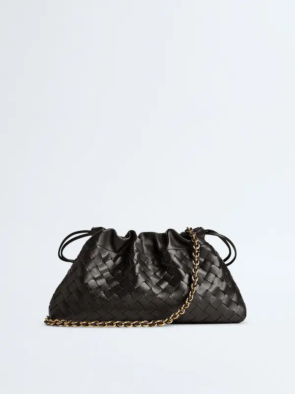 Bottega Veneta Mini Intrecciato Leather Clutch With Chain Strap - Marrone