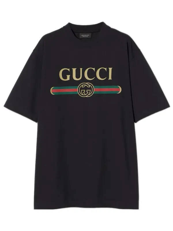 Gucci Cotton & Silk Crewneck T-shirt With Interlocking Gg Print - Nero