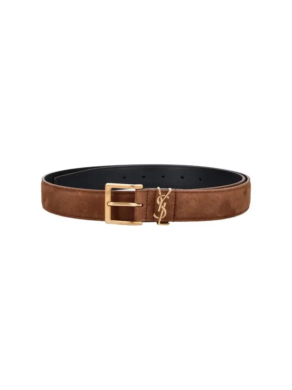 Saint Laurent Suede Logo Buckle Belt - Brown