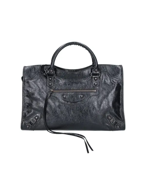 Balenciaga Leather Top Handle Tote Bag With Studded Hardware - Black