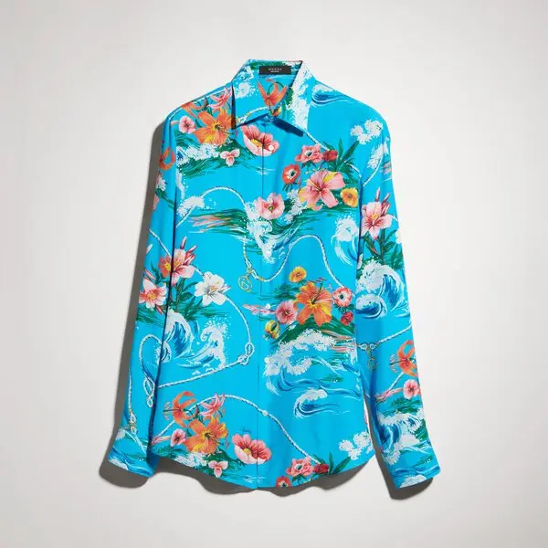 Gucci Relaxed Fit Floral Viscose Button-front Shirt With Point Collar - Azzurro