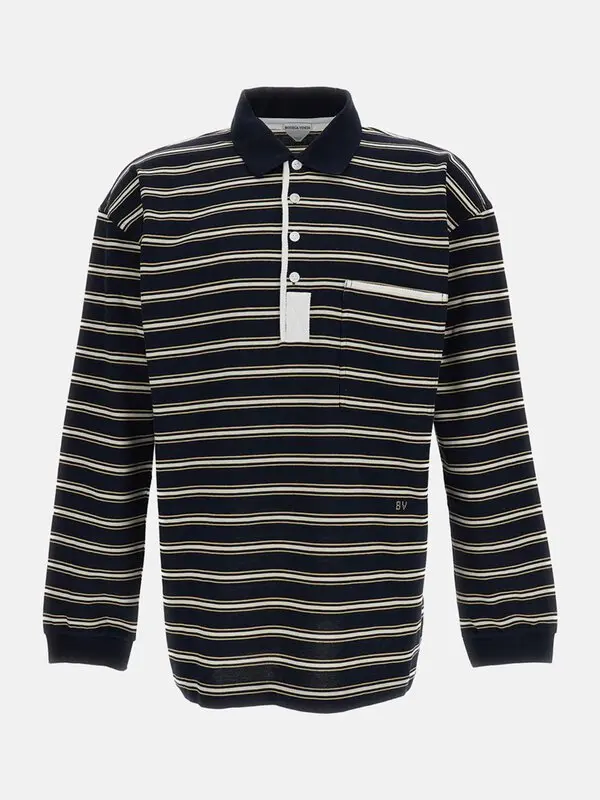 Bottega Veneta Long-sleeve Striped Piqué Polo Shirt With Chest Pocket - Blu