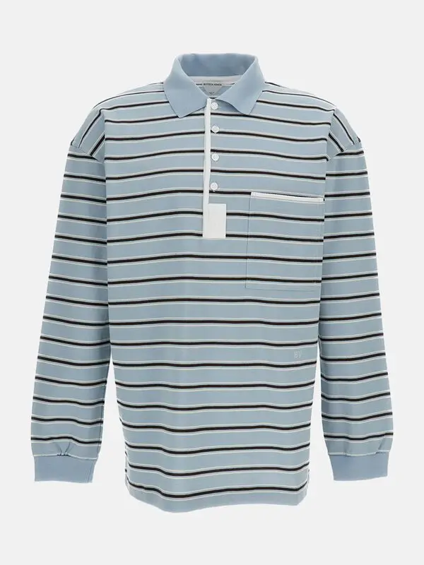 Bottega Veneta Striped Piqué Polo Shirt With Chest Pocket And Embroidered Logo - Azzurro