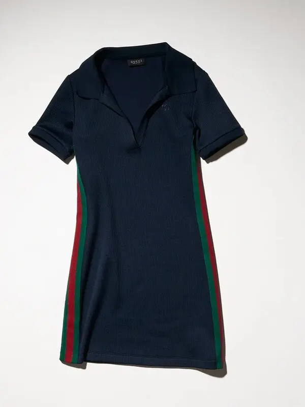 Gucci Double G Web Insert Polo Collar Mini Dress With Embroidery - Blu