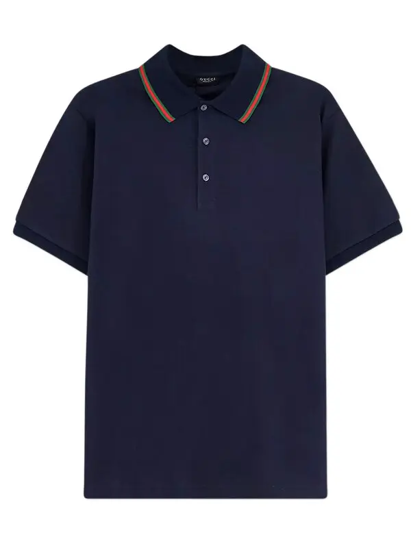 Gucci Pique Cotton Polo T-shirt With Web Ribbon Collar Trim And Side Vents - Blu