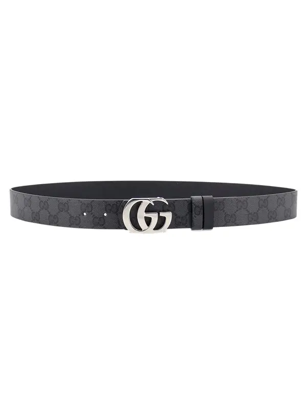 Gucci Gg Coated Canvas And Leather Belt With Double G Buckle - Nero