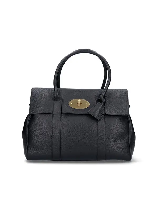 Mulberry Textured Leather Satchel Bag With Flap Closure - Black