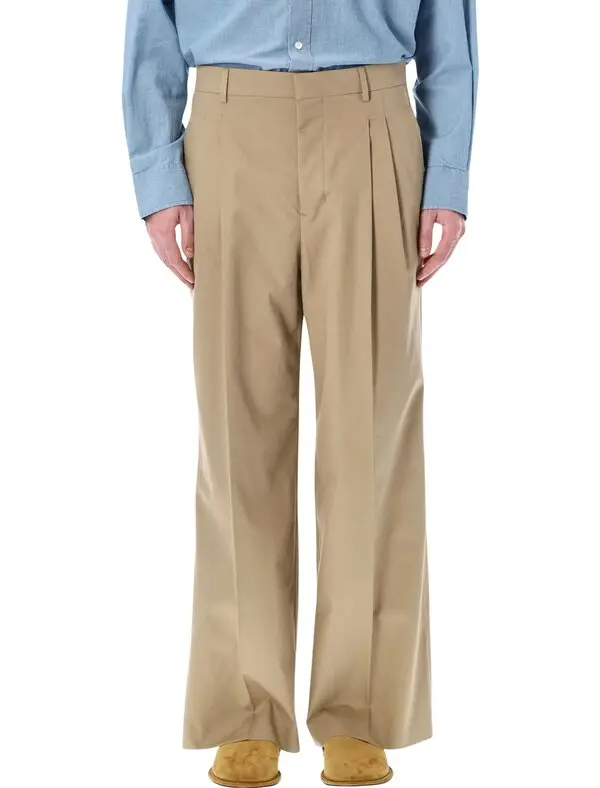 AMI Paris Pleated Wide-leg Trousers - Beige
