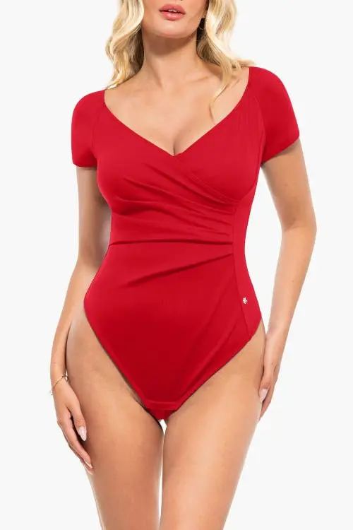 POPILUSH Shapewear Portrait Neckline Draped Sculpting Bodysuit - Ruby