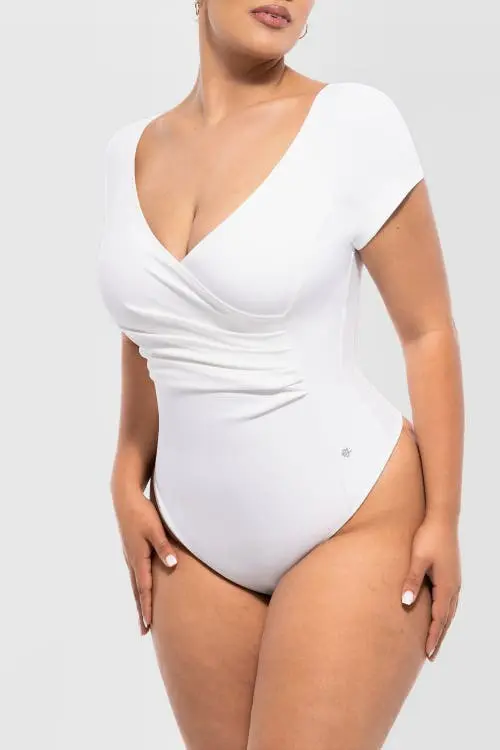 POPILUSH Portrait Neckline Draped Sculpting Bodysuit - Snow