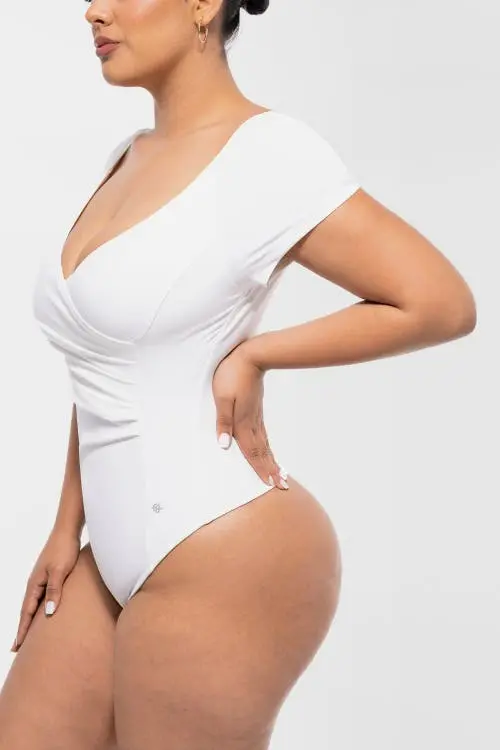 POPILUSH Portrait Neckline Draped Sculpting Bodysuit - Snow
