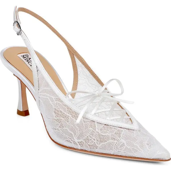 Badgley Mischka Raine Slingback Pointed Toe Pumps With Bow Detailing - White Lace