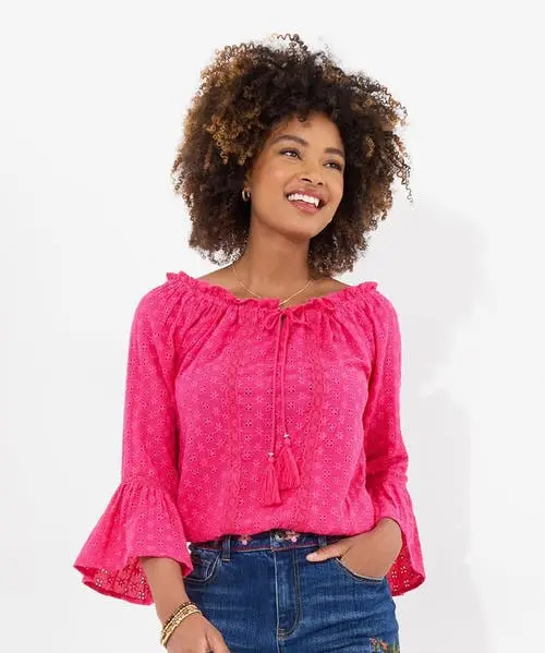 JOE BROWNS Bell Sleeve Eyelet Blouse With Tassel Tie